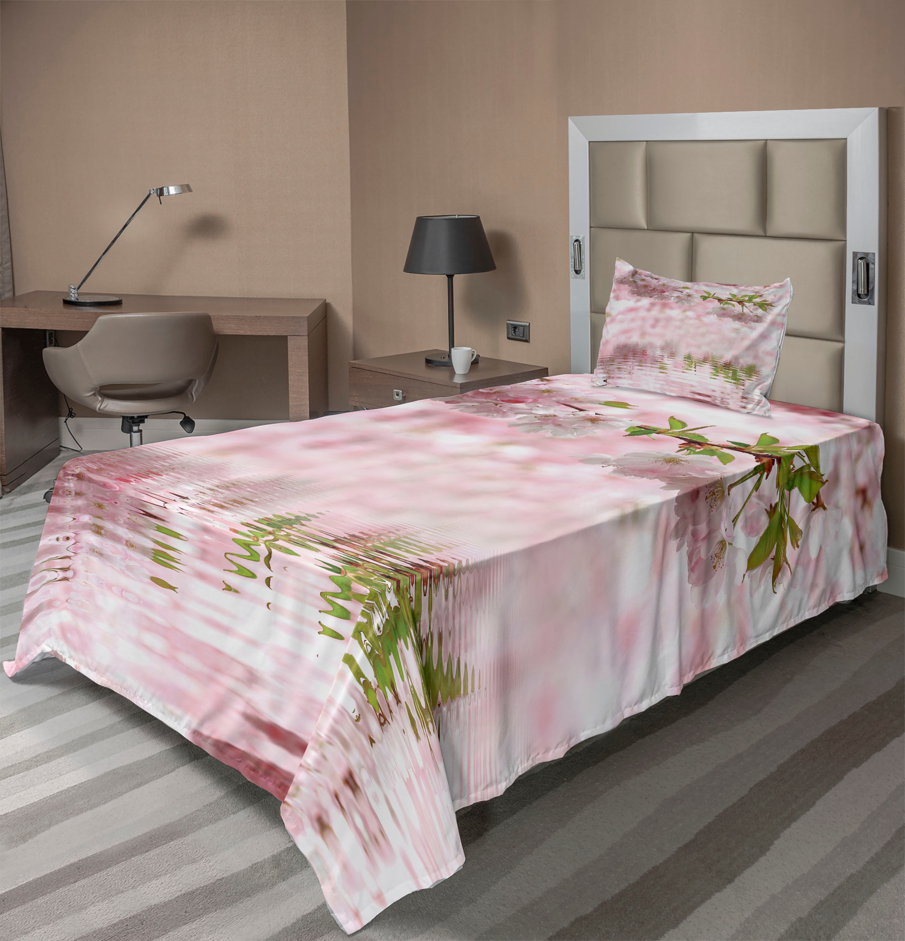 Flower Sheet Set, Tender Pastel Pink Tones Floral Branch on Rippling ...