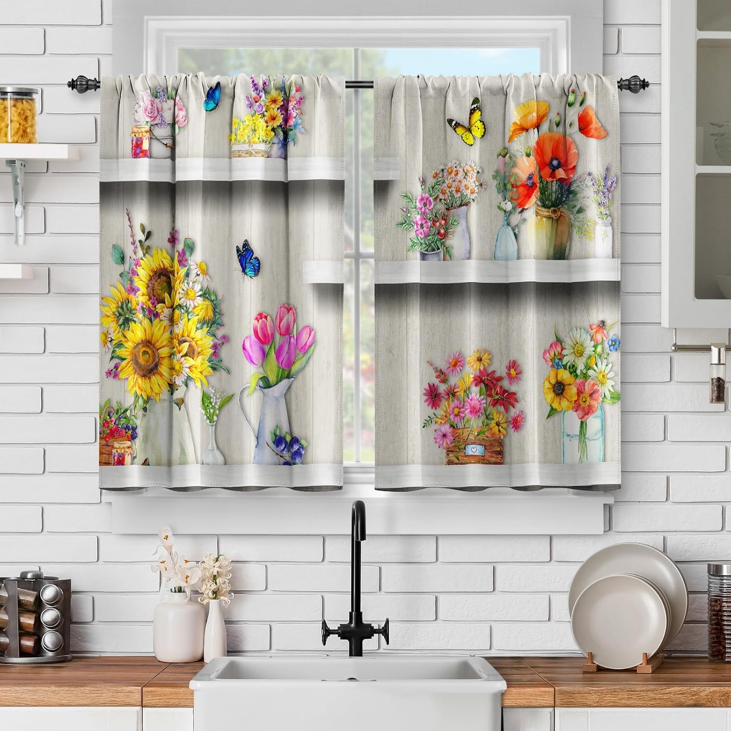 Flower Shelves Kitchen Curtains - Rustic Country Floral Short Cafe ...