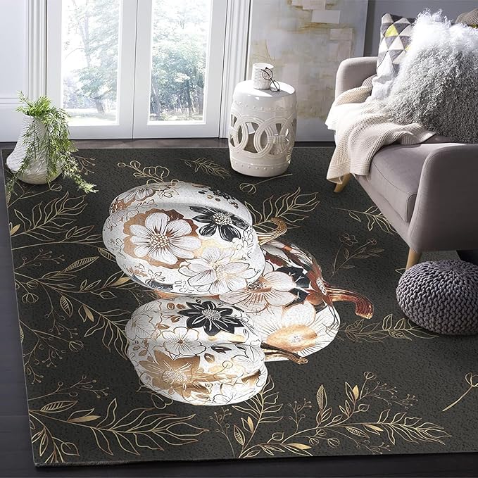 Flower Sketch Pumpkin Area Rug, Autumn Gold Leaves Print Rugs, Non Slip ...