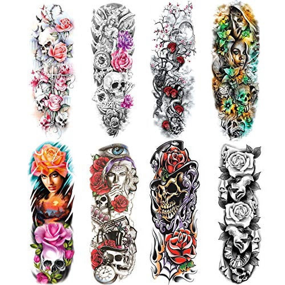 Flower Skull Sleeve Tattoos Stickers, Full Arm Halloween Skull ...