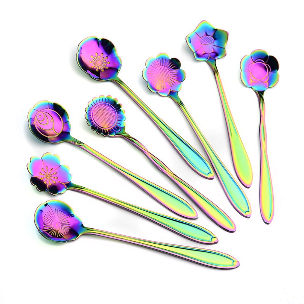 Flower Spoon Set - 8pcs Stainless Steel Teaspoon Rainbow Color for ...