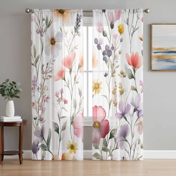 Flower Spring Sheer Curtains 84 Inch Length 2 Panels Set, Watercolor ...
