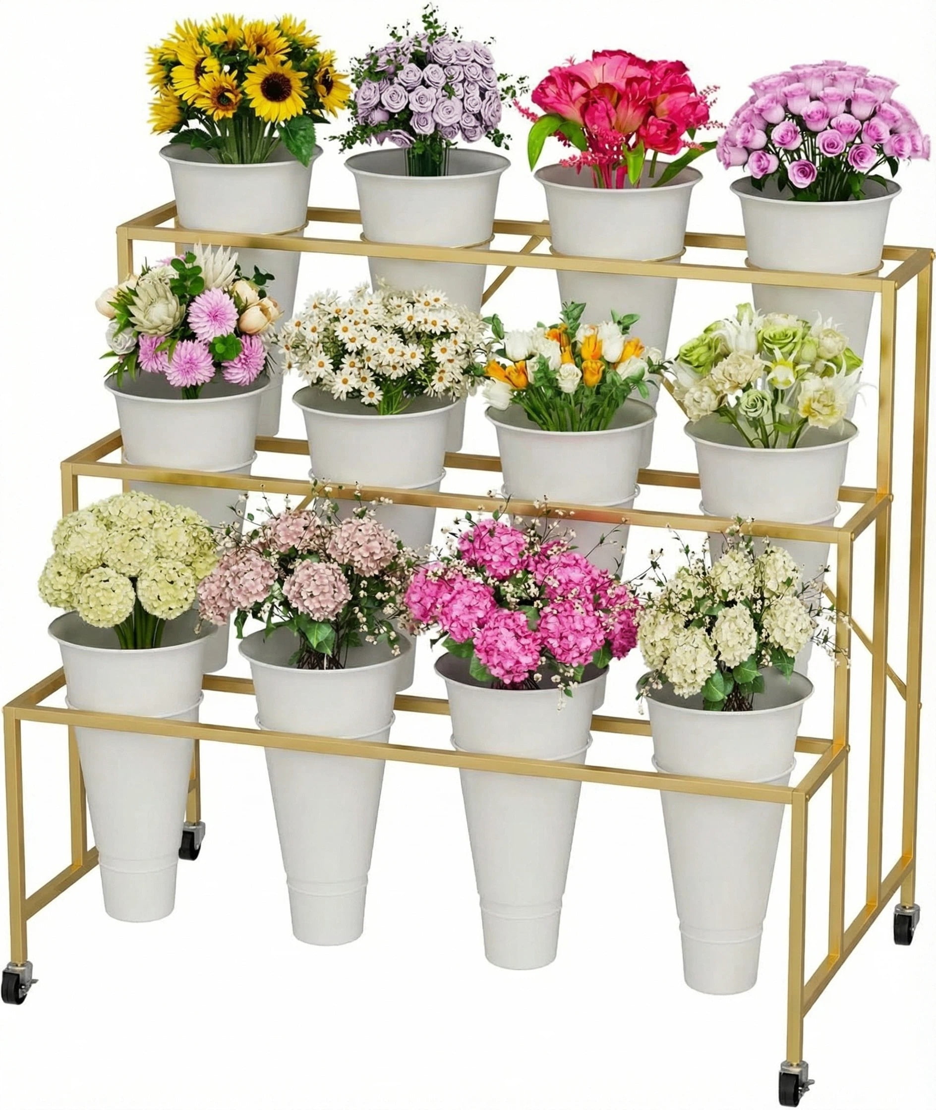 Flower Stand, 3-Tier Flower Display Stand with Buckets for Indoor ...