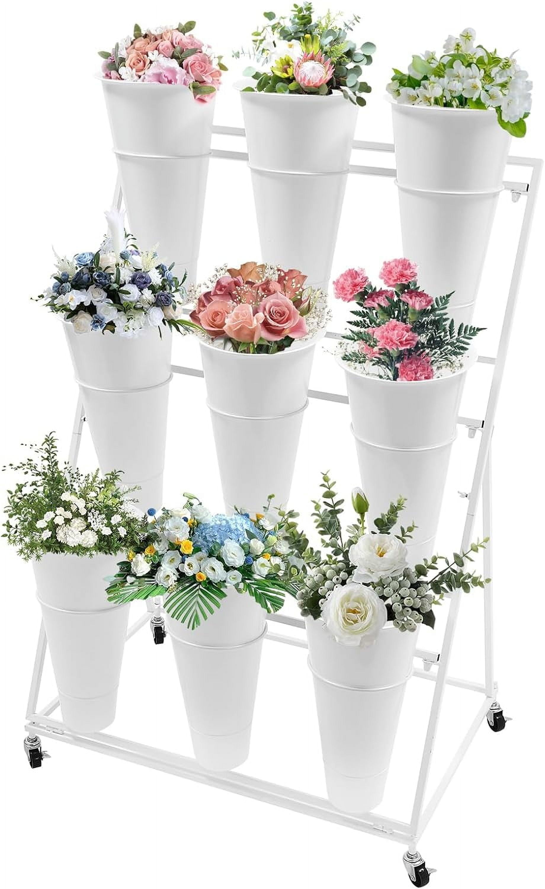 Flower Stand, Flower Display Stand w/ 9 Buckets, 3 Layers Move Cart w ...