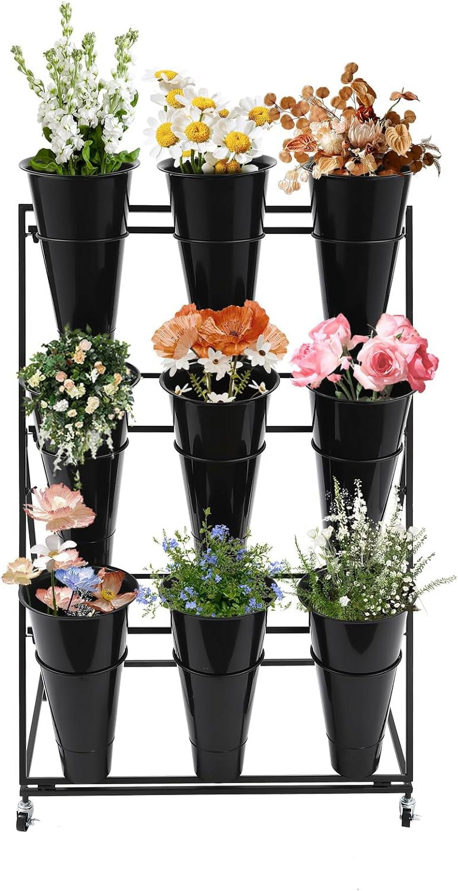 Flower Stand, Flower Display Stand w/ 9 Buckets, 3 Layers Move Cart w ...