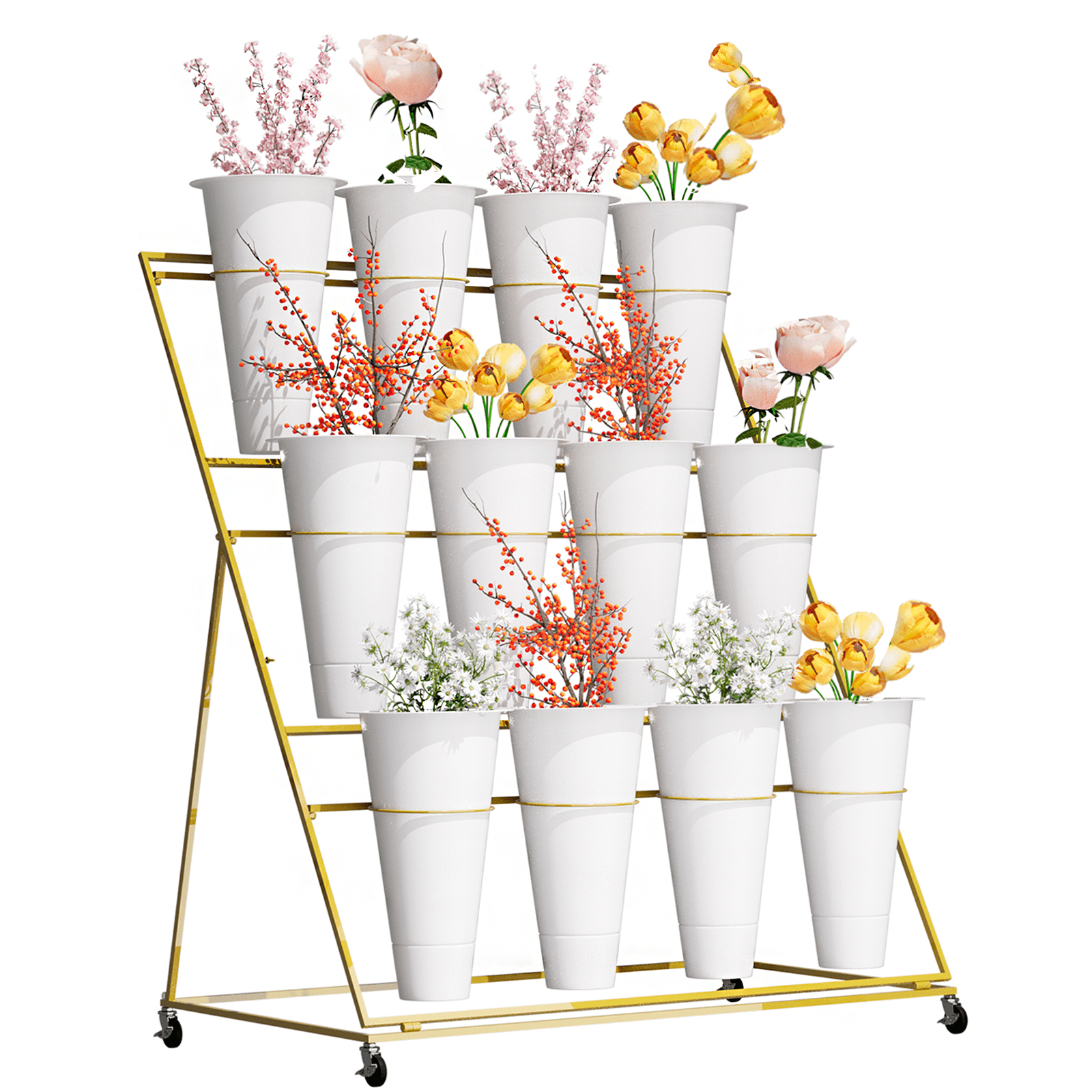 Flower Stand, Moving Florist Bouquet Shelf with 12 Buckets, 3 Tier ...
