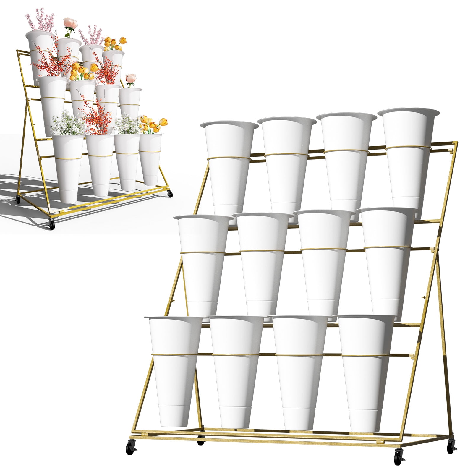 Flower Stand with Containers, Brake Wheels, 15.5" Tall Buckets, Gold ...