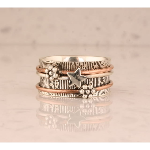Flower & Star 925 Sterling Silver Spinner Ring – Handmade Three-Tone Textured Band, Fidget ...