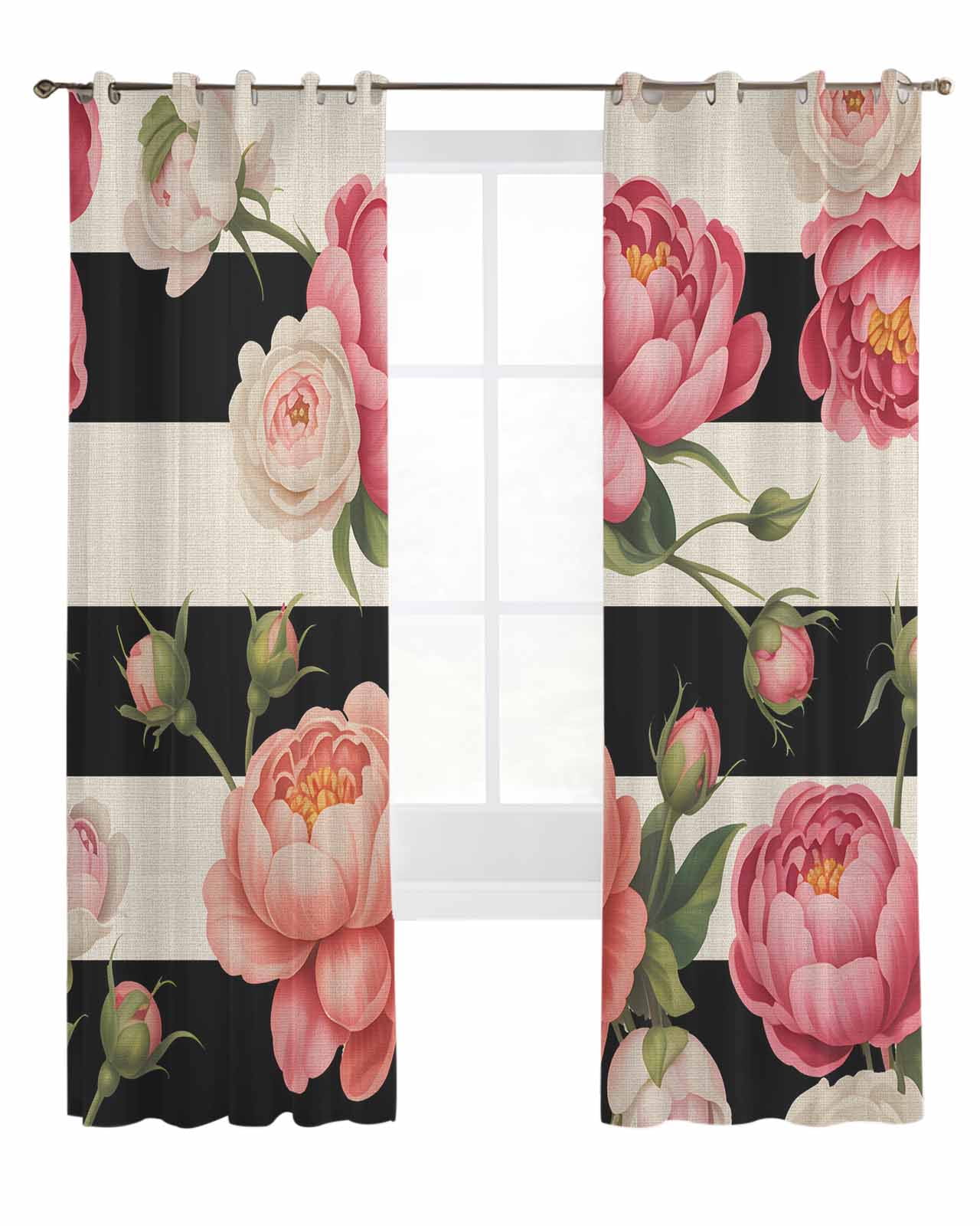 Flower Stripes Sheer Curtains 84 Inch Length 2 Panels Black White ...