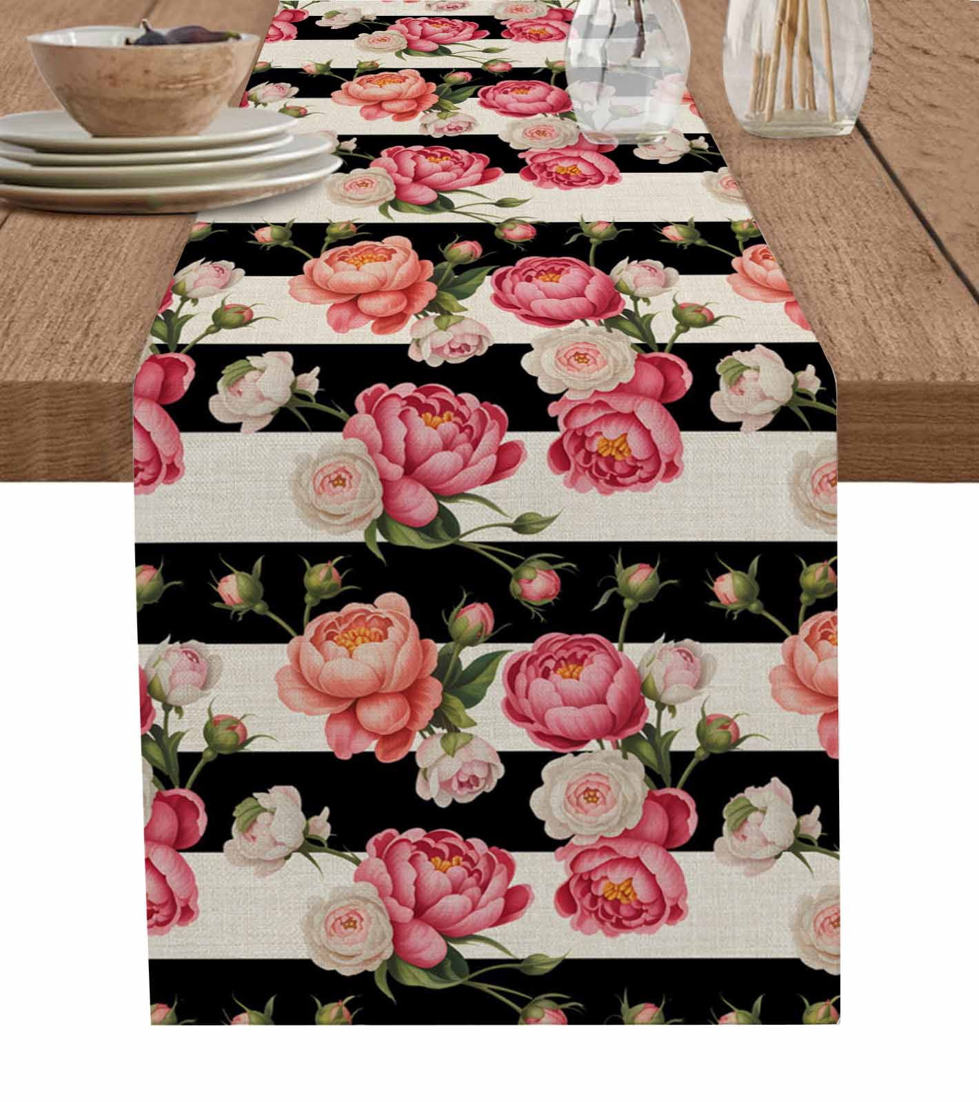 Flower Stripes Table Runner 48 Inches, Black White Geometric Pink Rose ...