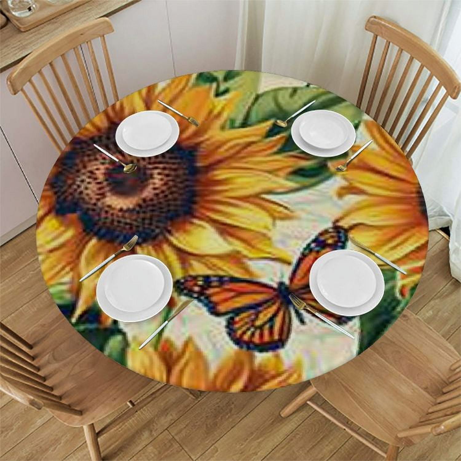 Flower Sunflower Elastic Edge Round Tablecloth Floral Butterfly Fitted ...