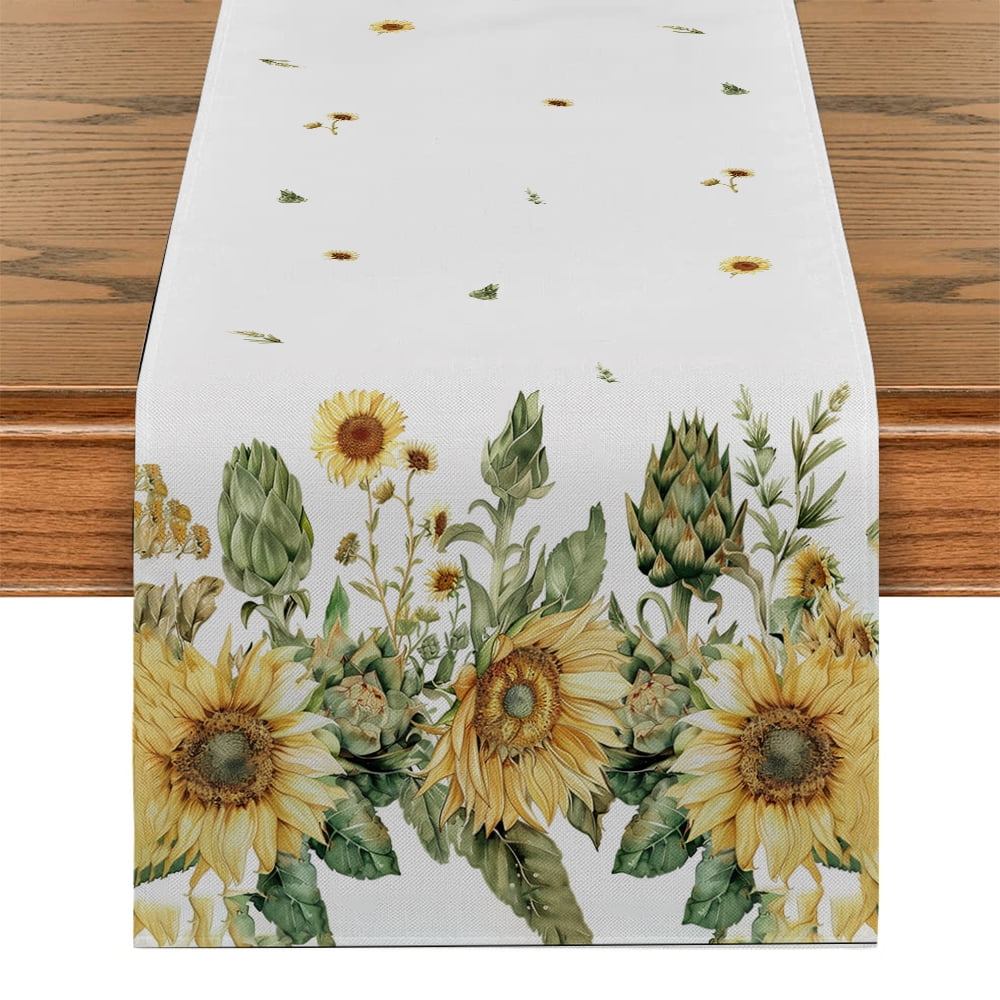 Flower Sunflower Watercolor Table Runners Kitchen Table ration Washable ...