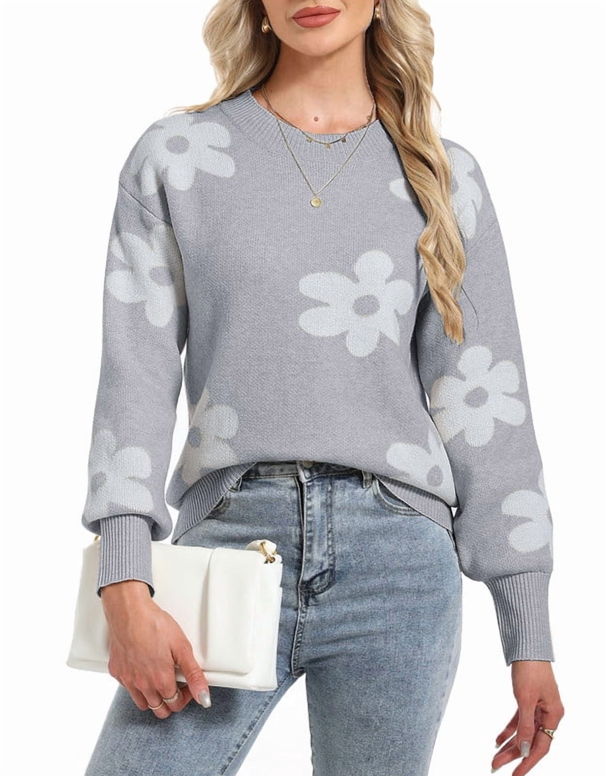 Flower Sweaters for Women Elegant Floral Printed Crew Neck Sweater ...