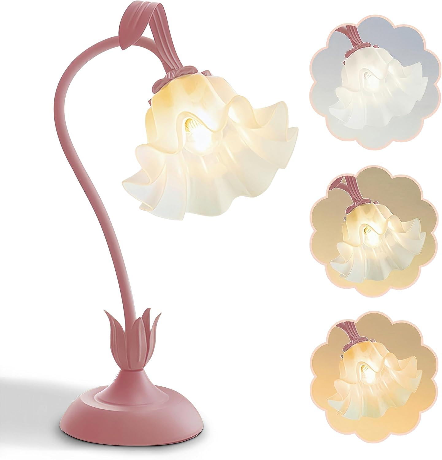 Flower Table Lamp Bedside Lamps LED Reading Light,3 Color Modes Cute ...