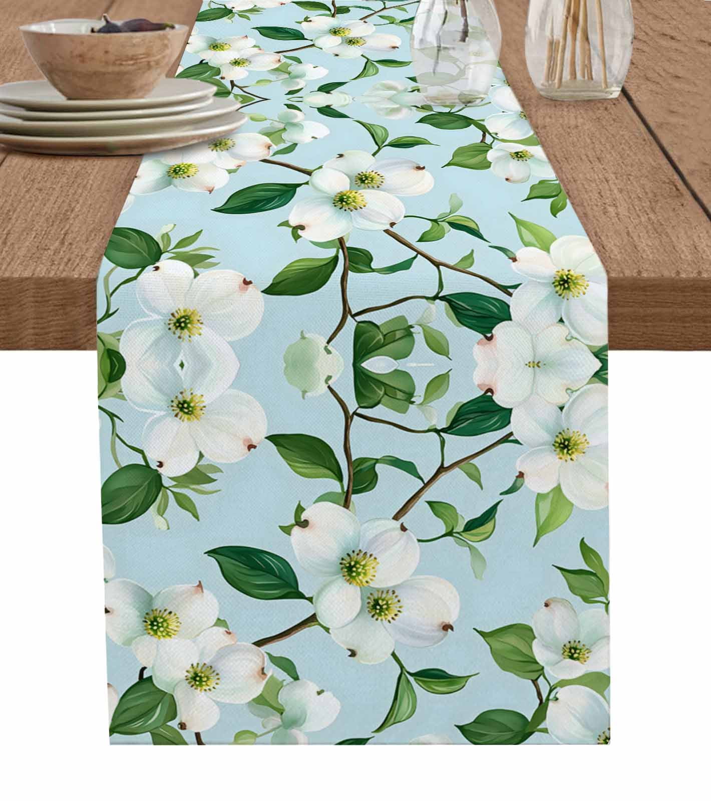 Flower Table Runner 120 Inches, White Blue Botanical Country Aesthetics ...