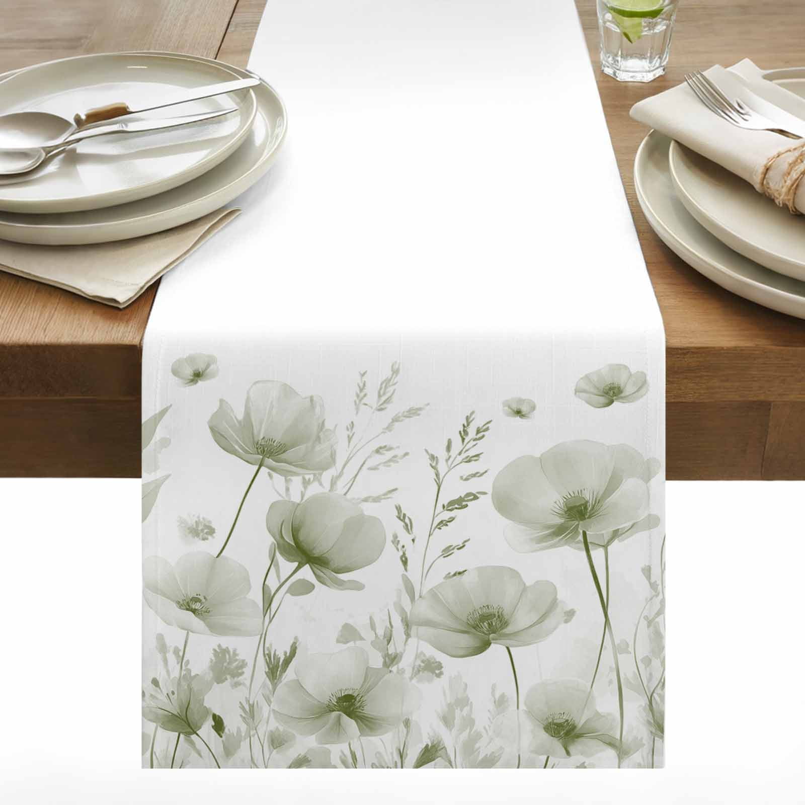 Flower Table Runner 13x120 inch Sage Green Cotton Linen Dining Table ...