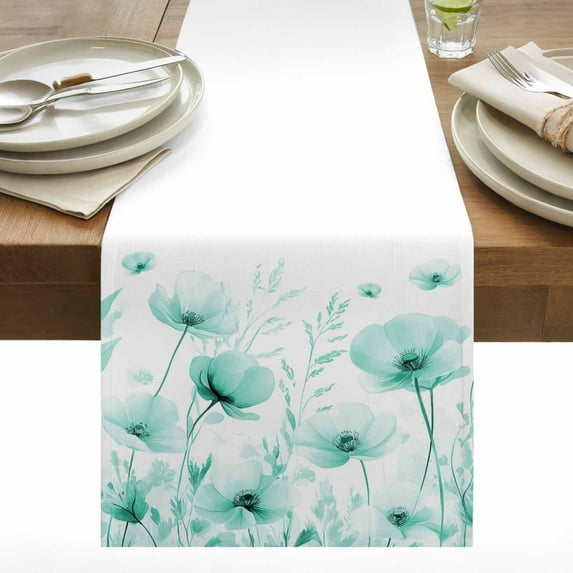 Flower Table Runner 13x36 inch Teal Blue Cotton Linen Dining Table ...