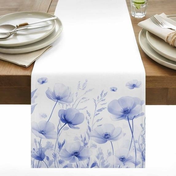 Flower Table Runner 13x90 inch Blue Cotton Linen Dining Table Runner ...