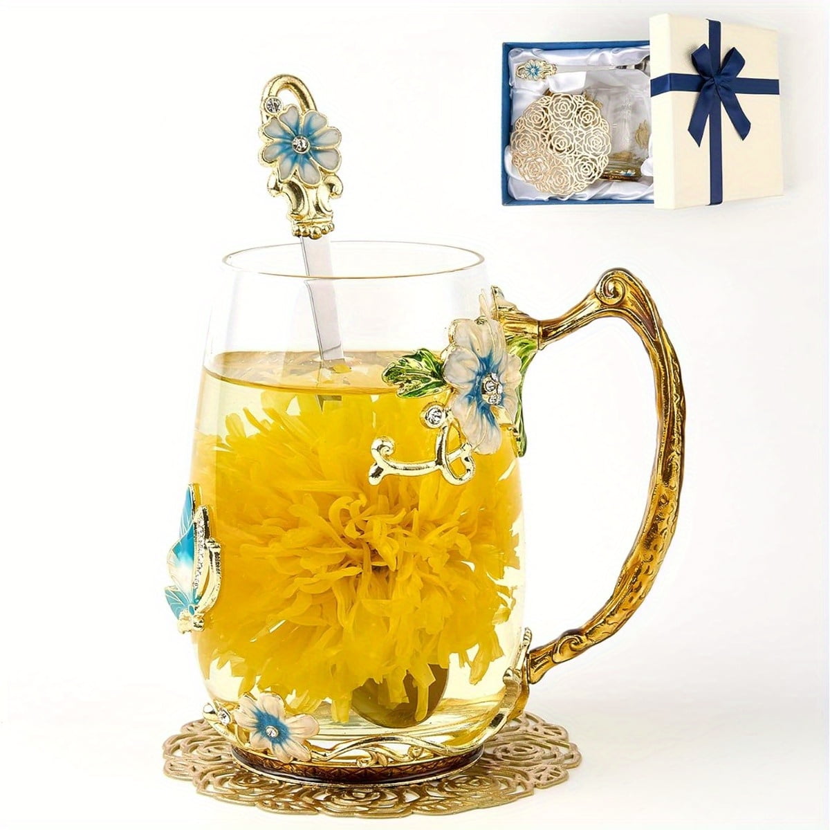 Flower Tea Cup, Butterfly Rose Clear Glass Fancy Coffee Mug with Spoon ...