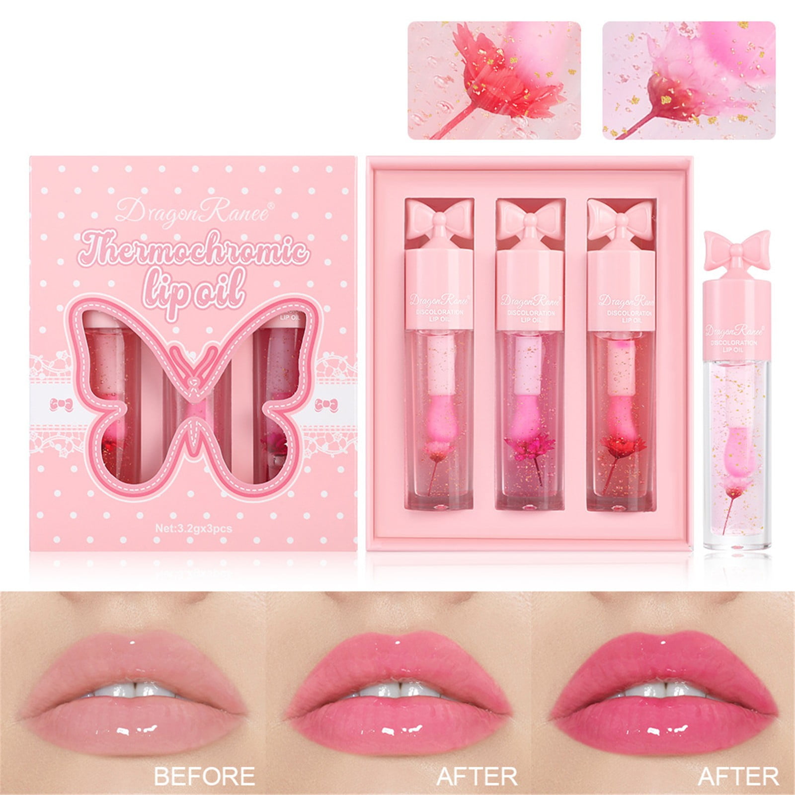 Flower Temperature Changing Lip Oil Set - Petal Color Changing, 0.11Oz ...