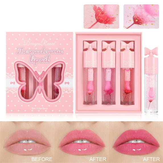 Flower Temperature Changing Lip Oil Set - Petal Color Changing, 0.11Oz ...