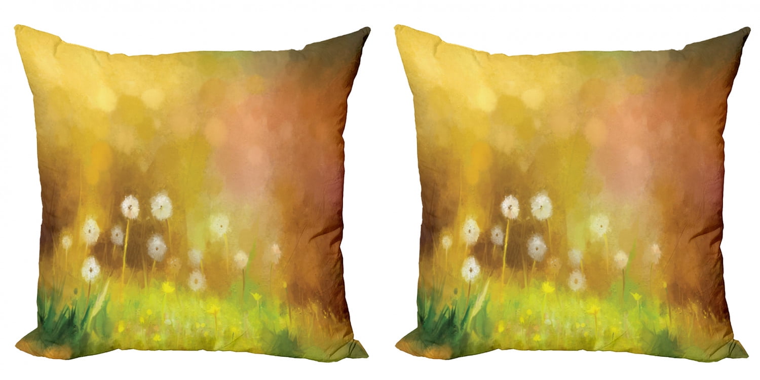 Ambesonne Watercolor Throw Pillow Cover 2 Pack, Dandelions Fawn Colors, 24", Yellow Green ...