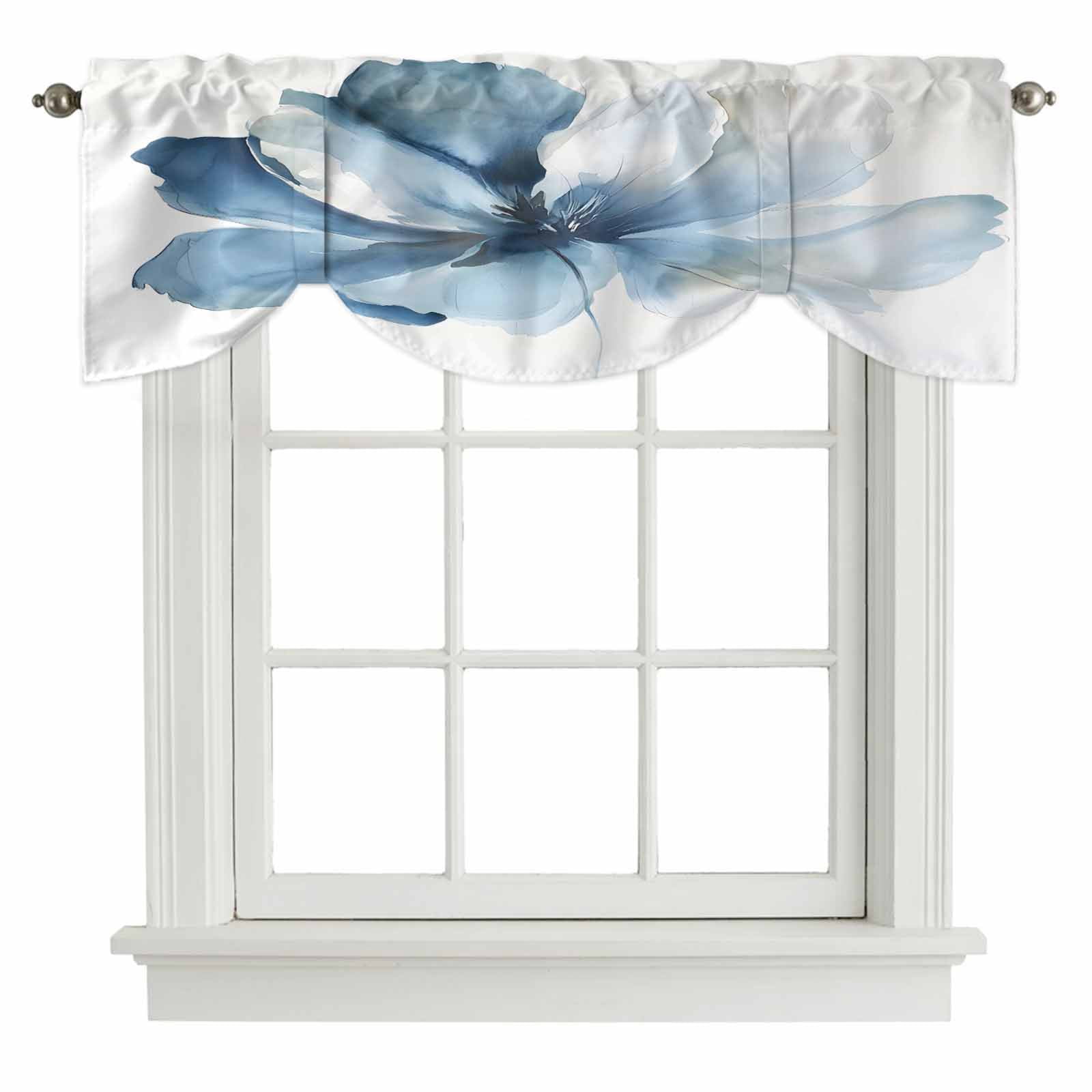 Flower Tie Up Valance for Windows, Blue Gradient Floral Adjustable Rod ...