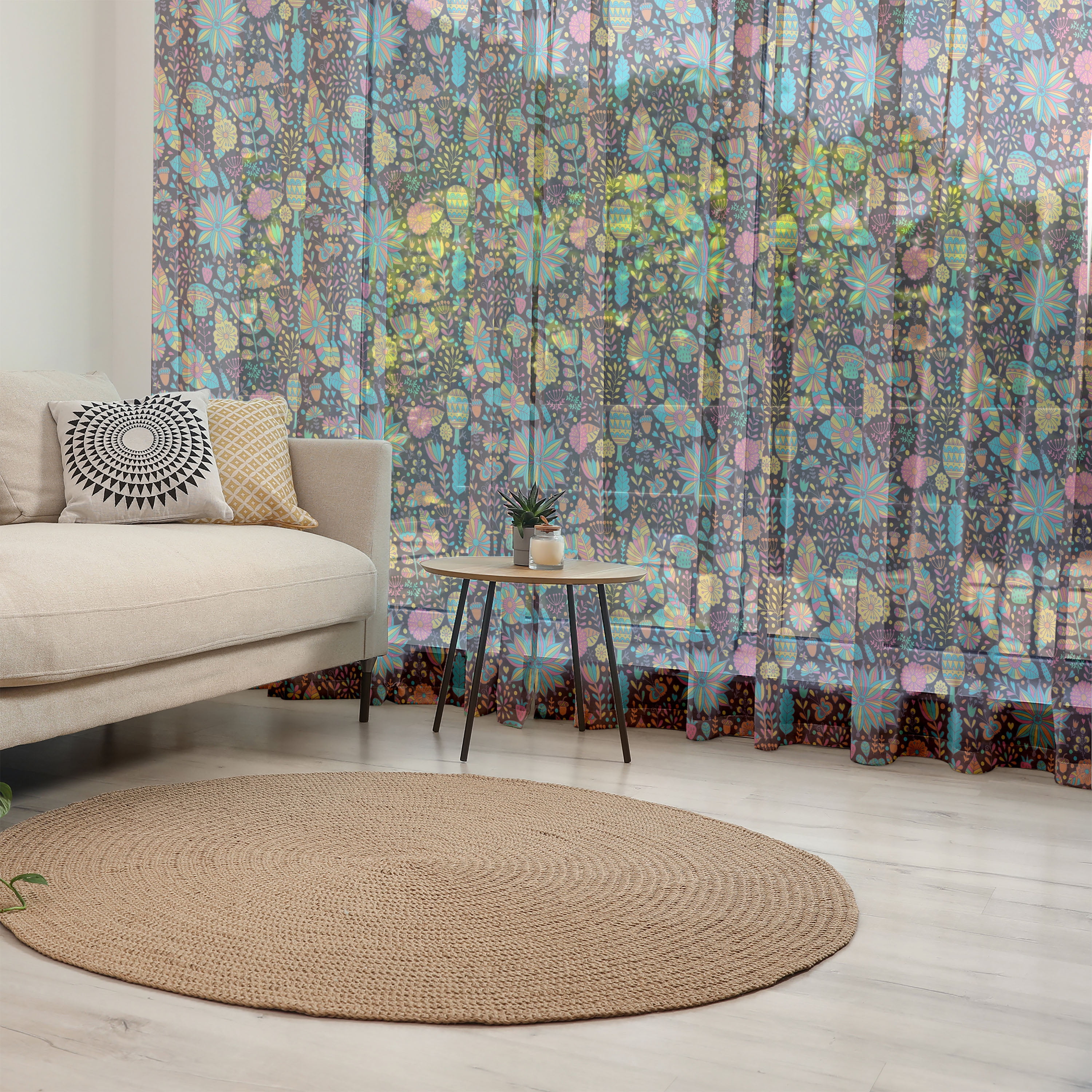 Flower Tulle Curtains with Rod Pocket, Doodle Style Colorful Floral ...