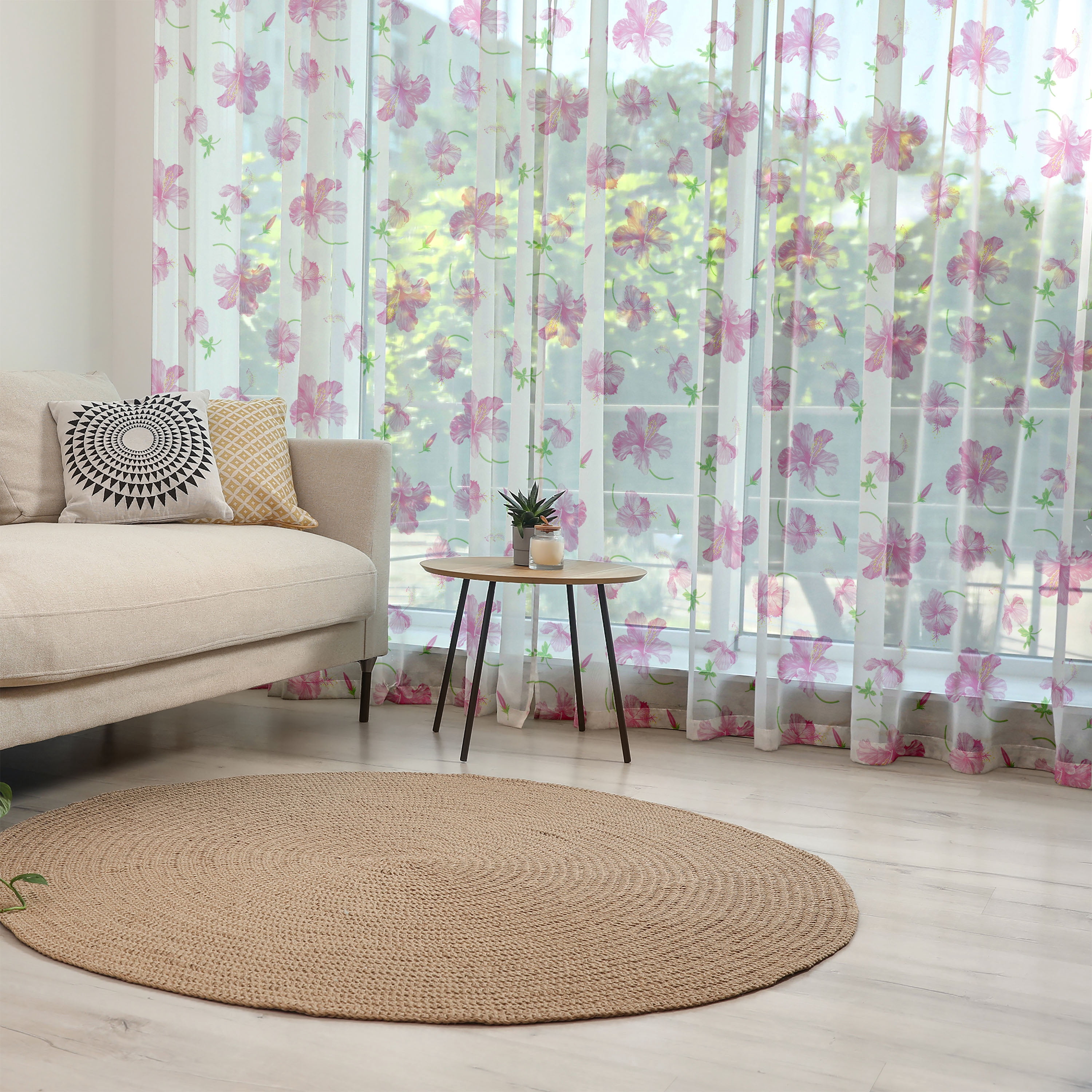 Flower Tulle Curtains with Rod Pocket, Hibiscus Bloom Flowers on a ...