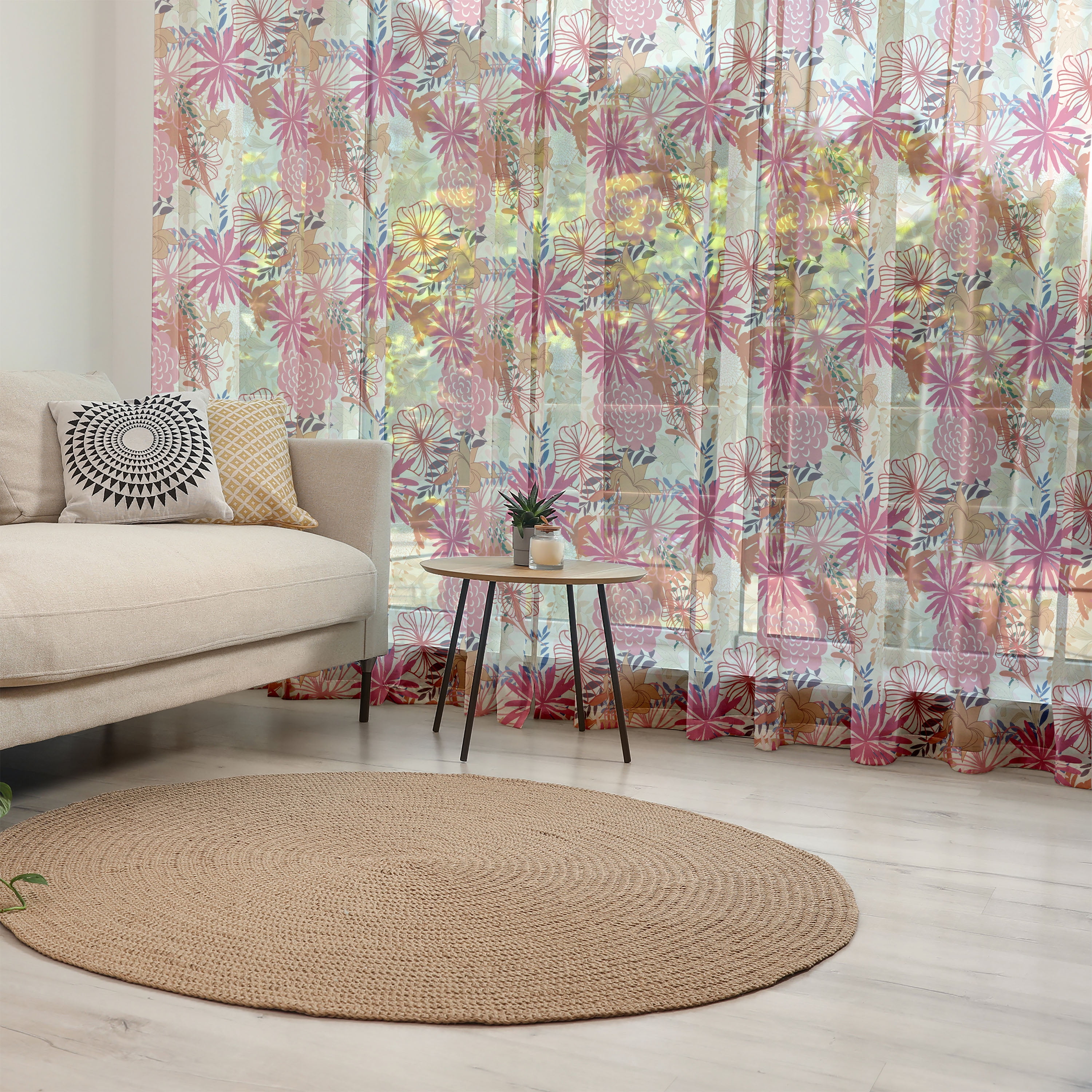 Flower Tulle Curtains with Rod Pocket, Vibrant Colored Floral ...