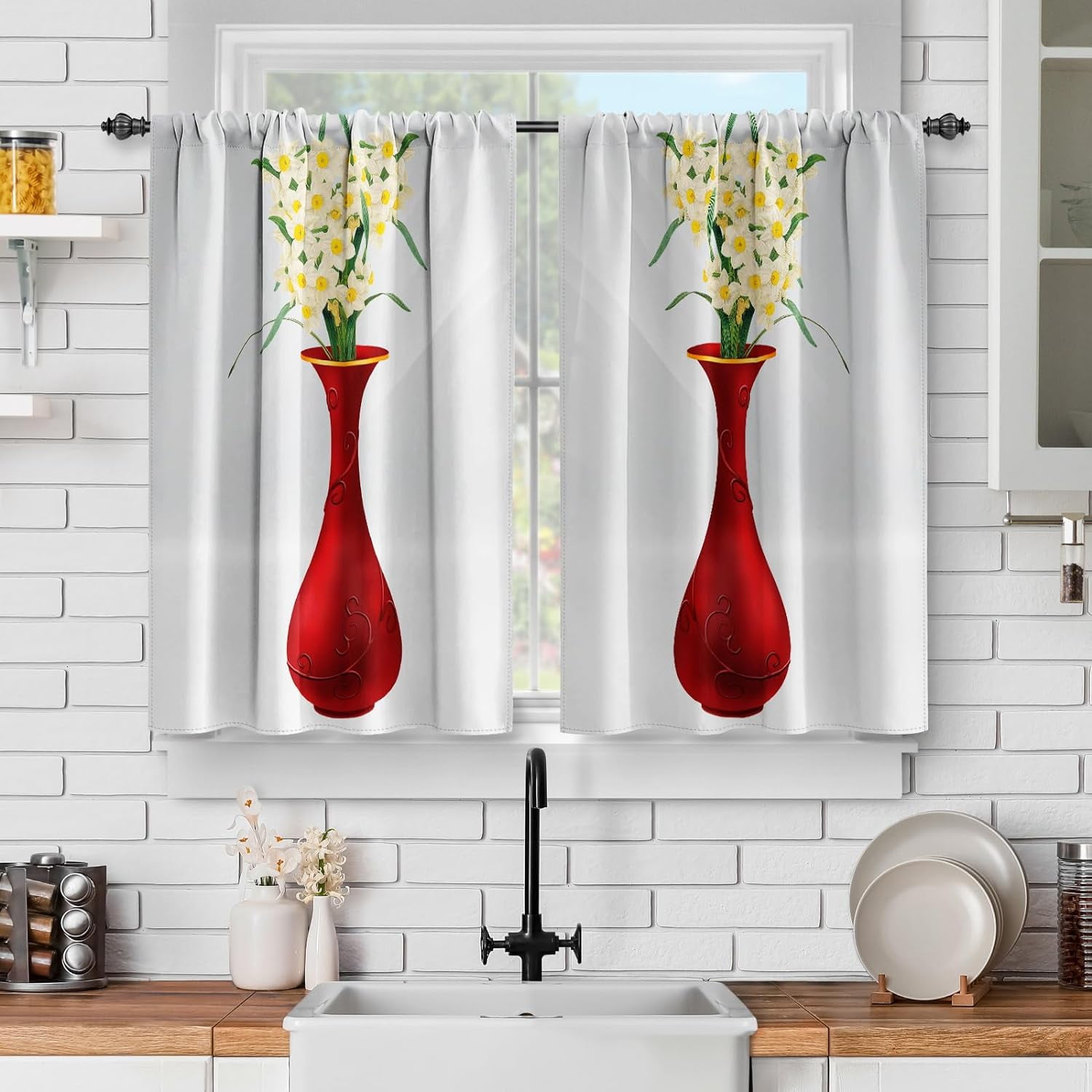 Flower in Vase Kitchen Curtains - Rustic Vintage Flower Short Cafe ...