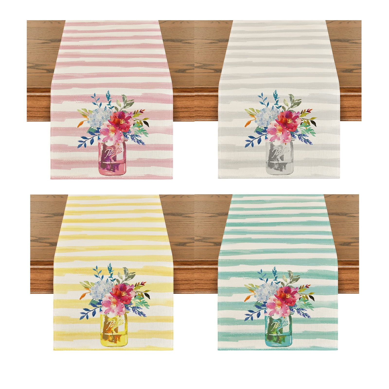 Flower Vase Spring Summer Table Runner, Holiday Kitchen Dining Stripes ...