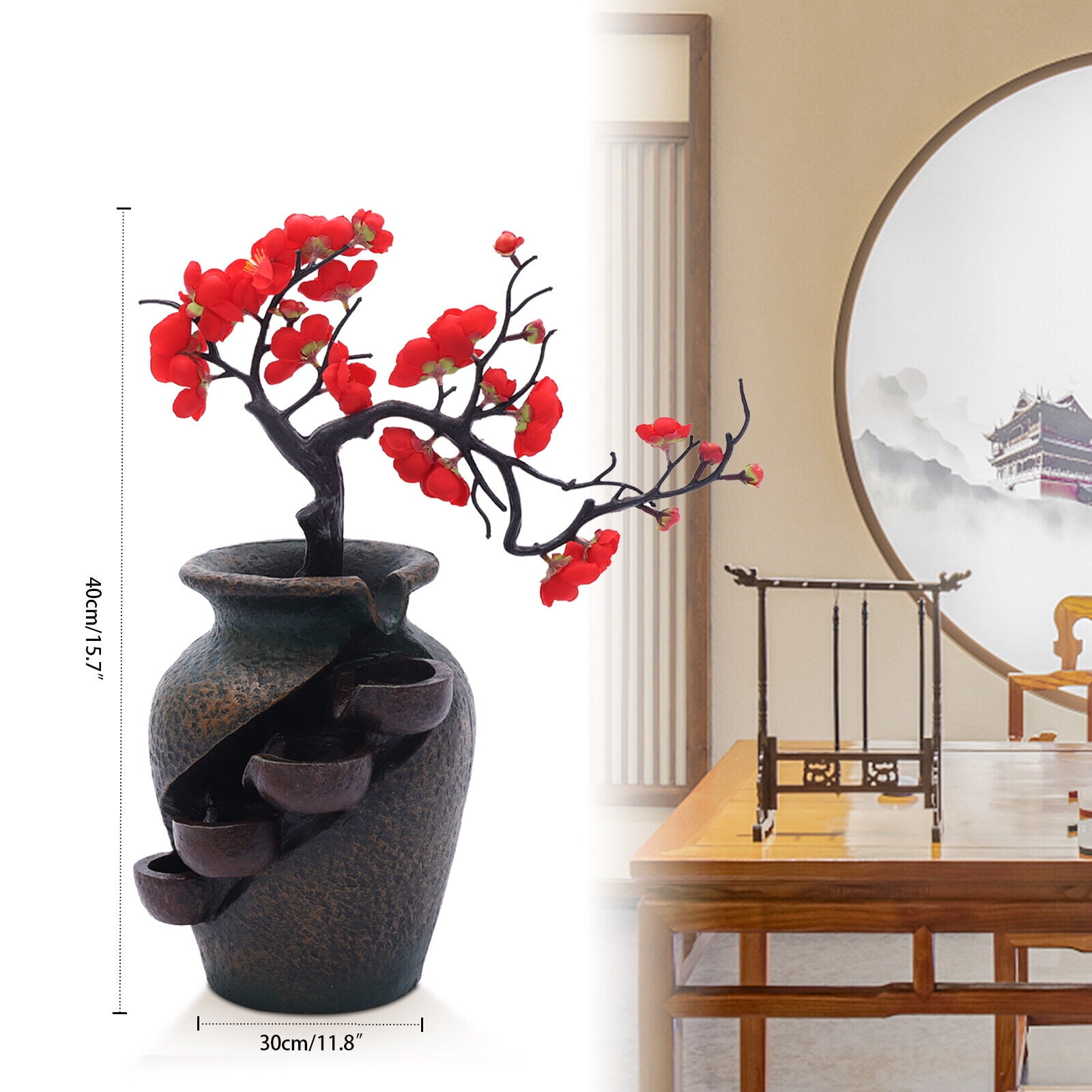 Flower Vase Waterfall Fountain Tabletop Indoor Water Fountain Feng Shui ...