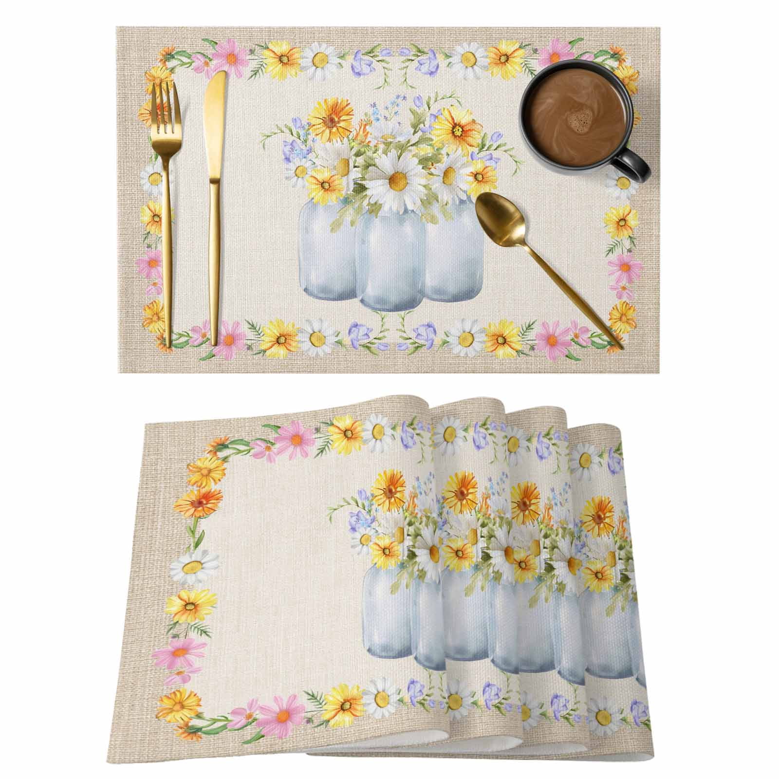 Flower Vases Placemats Set of 6 Country Colorful Daisy Spring Floral ...