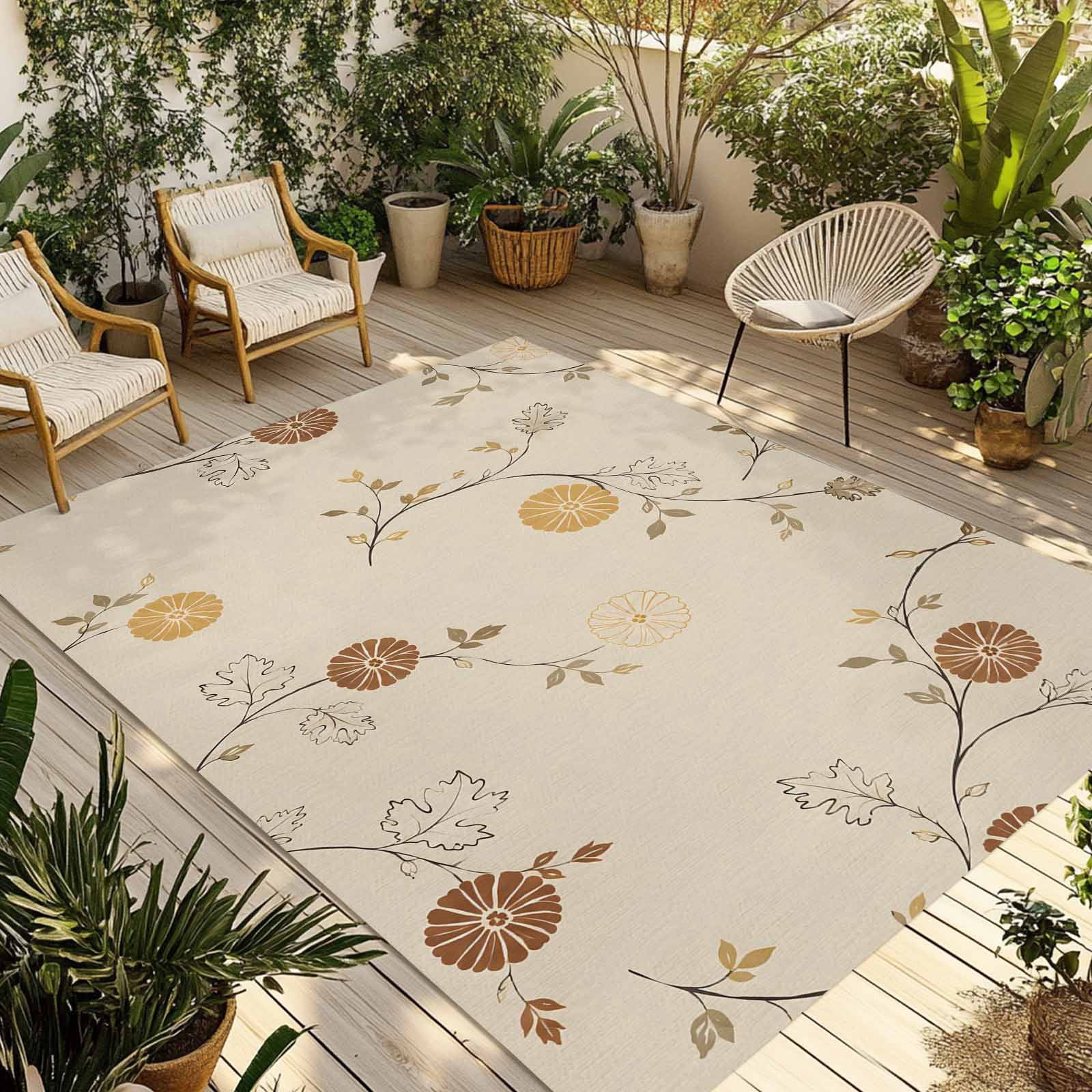 Flower Vine Outdoor Rug, Vintage Rustic Ochre Floral Botanical Linen ...
