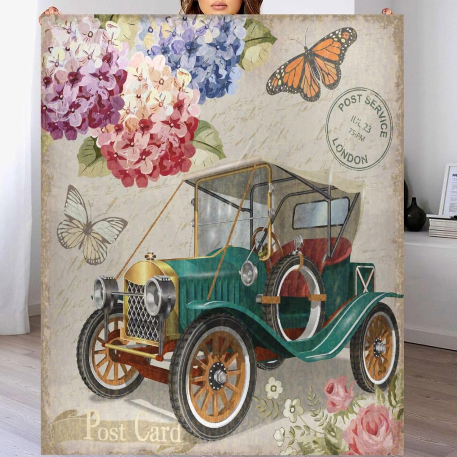 Flower Vintage Car Throw Blanket for Couch 50x60 Inches Retro Butterfly ...
