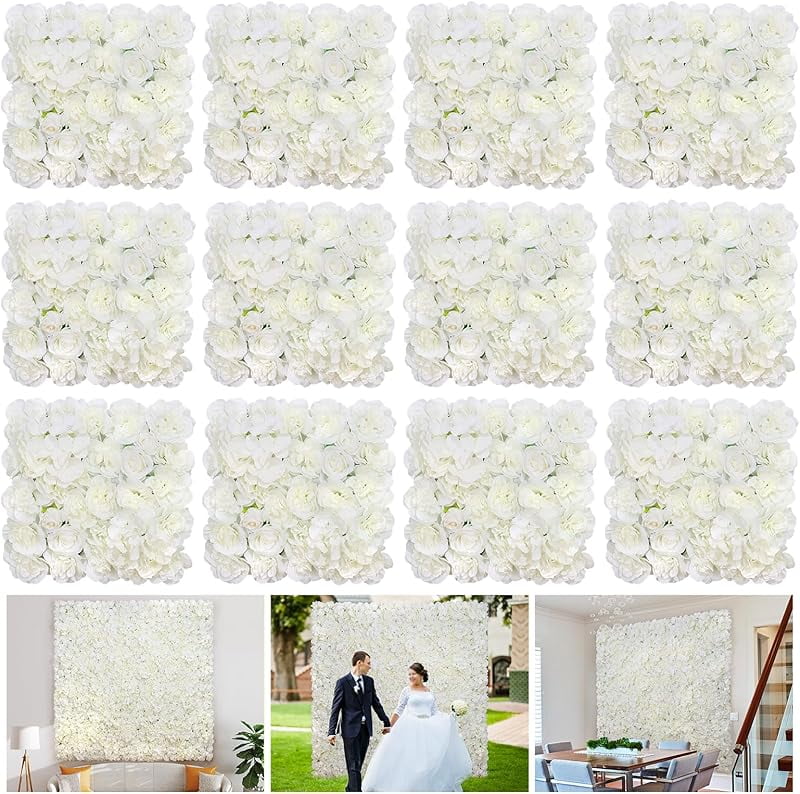 Flower Wall Backdrop 12PCS 16.5x16.5 Inch Floral Wall Panel White Artificial Silk Rose Wall ...