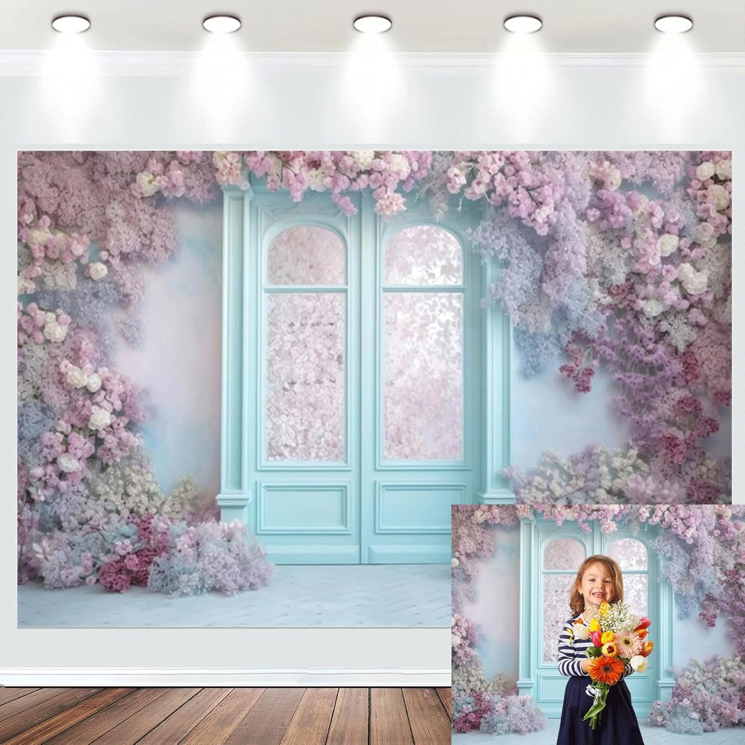 Flower Wall Backdrop Pink Floral Blue Window Door Photography ...