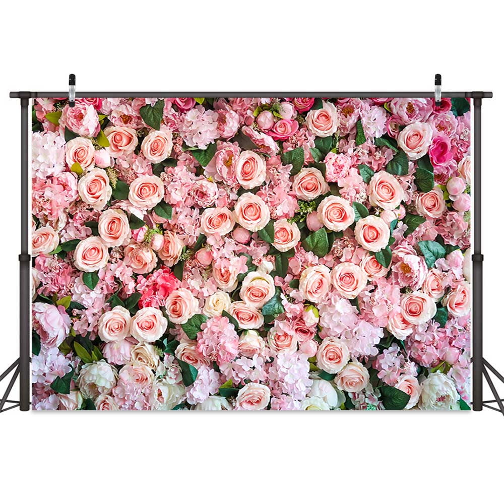 Flower Wall Backdrop Pink Flower Backdrop Green Leaves Photo Background ...