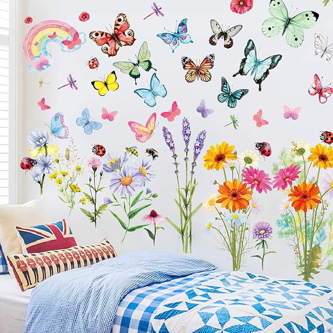 Flower Wall Decals Colorful Butterfly Wall Sticker Peel and Stick Wall ...