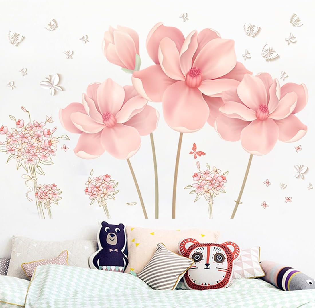 Flower Wall Decals Pink Magnolia Butterfly Large Floral Wall Stickers ...