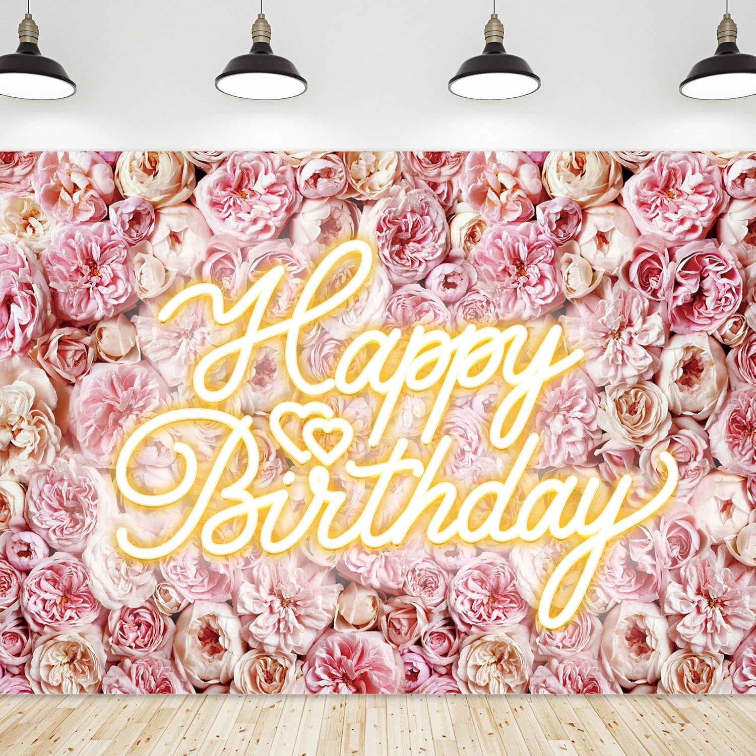 Flower Wall Happy Birthday Backdrop Polyester Fabric Pink Neon Rose ...