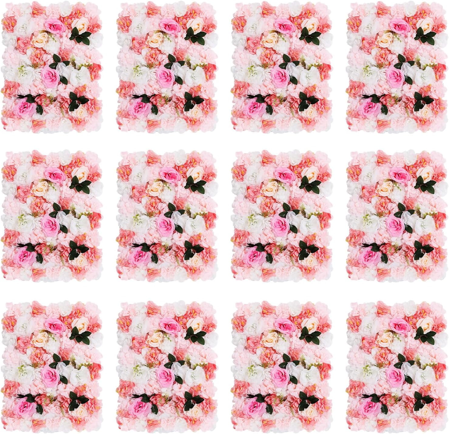 Flower Wall Panel, 12 Pcs White Pink Green Artificial Flower Wall Mat ...