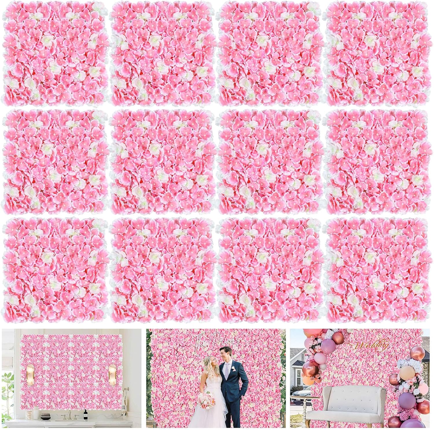 Flower Wall Panel Pink Backdrop: 12 Pcs 15 x 15 Inch 3D Silk Flower ...