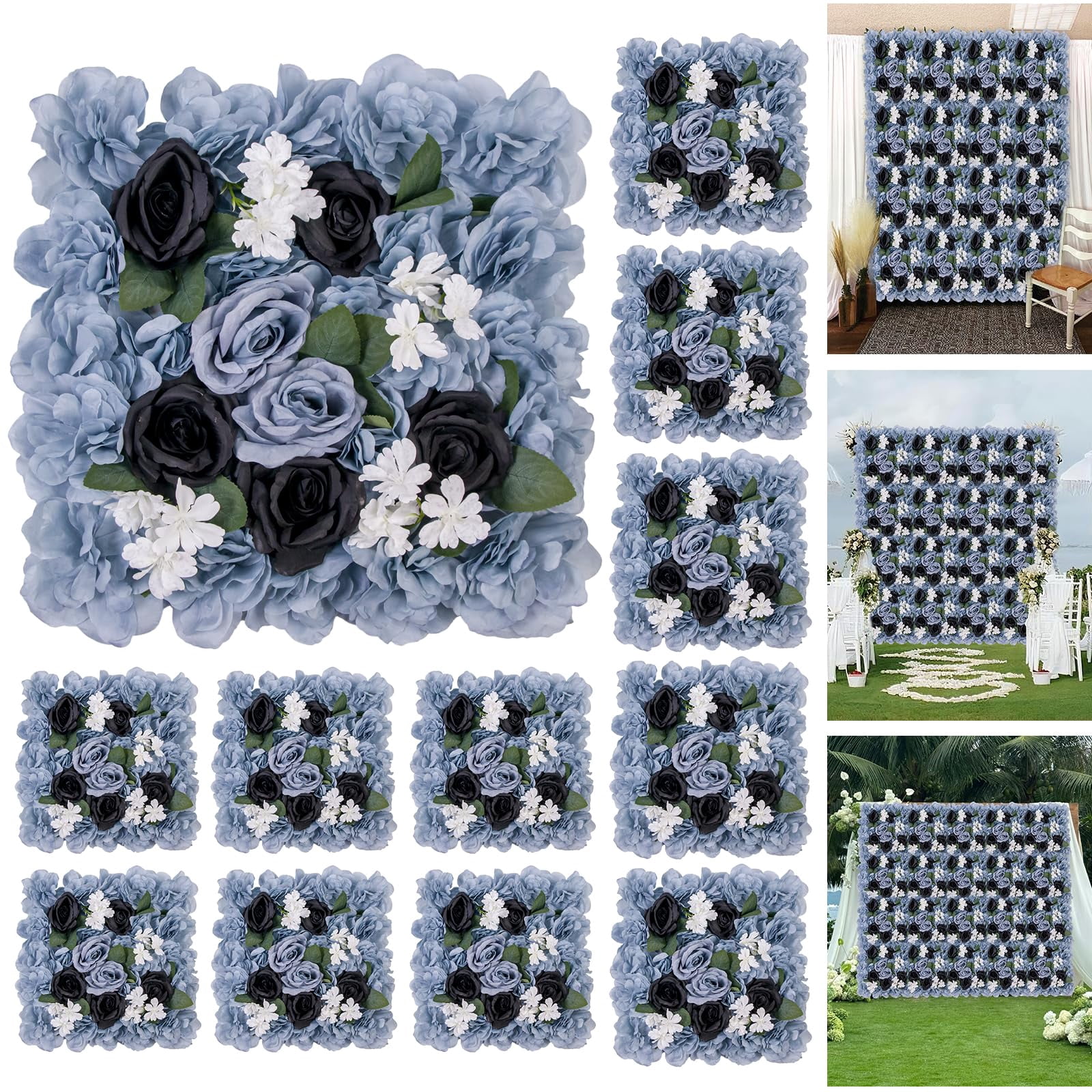 Flower Wall Panels, 12 Pcs 15x15 Inch Artificial Silk Rose Backdrop for ...
