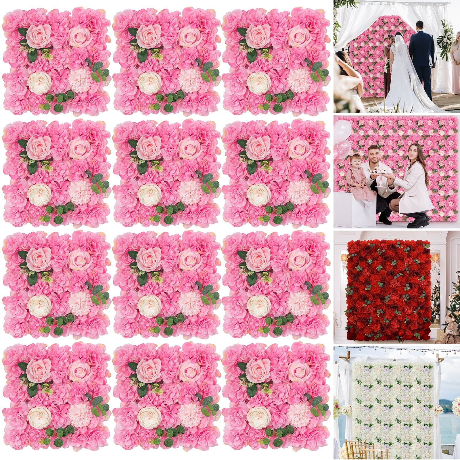 Flower Wall Panels Silk Floral Backdrop 12 Packs Pink Hydrangea Wedding ...