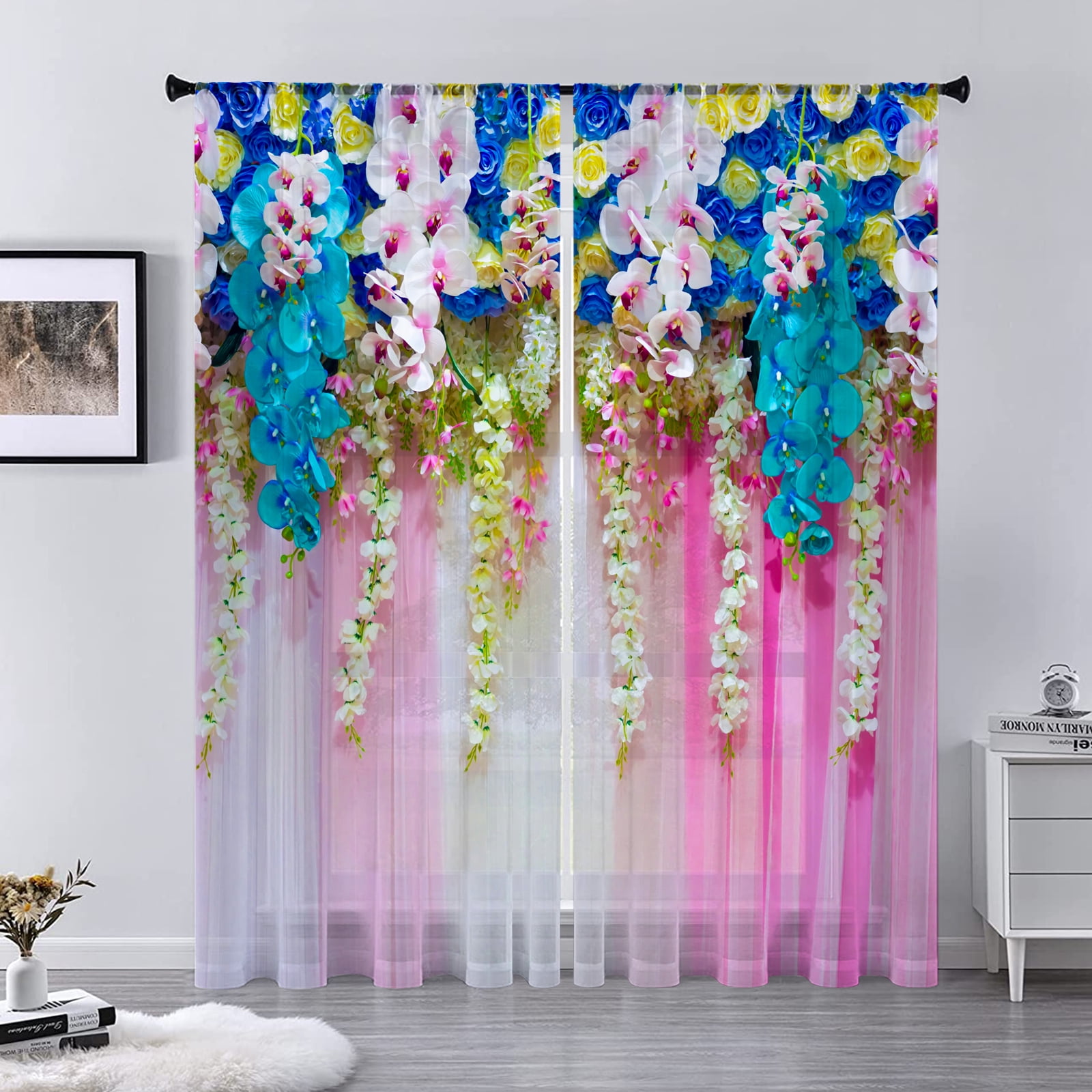 Flower Wall Sheer Voile Curtains For Living Room Bedroom ration ...