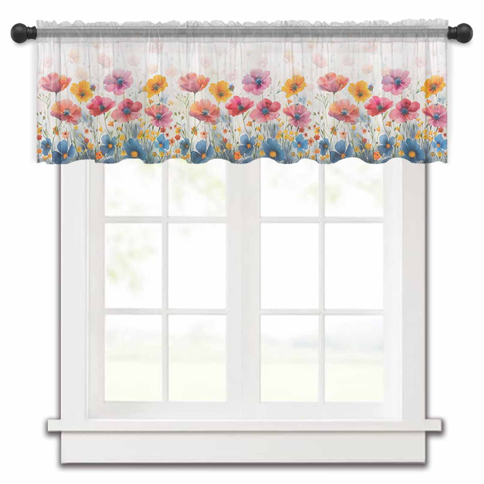 Flower Watercolor Flower Bud Kitchen Small Window Curtain Tulle Sheer ...