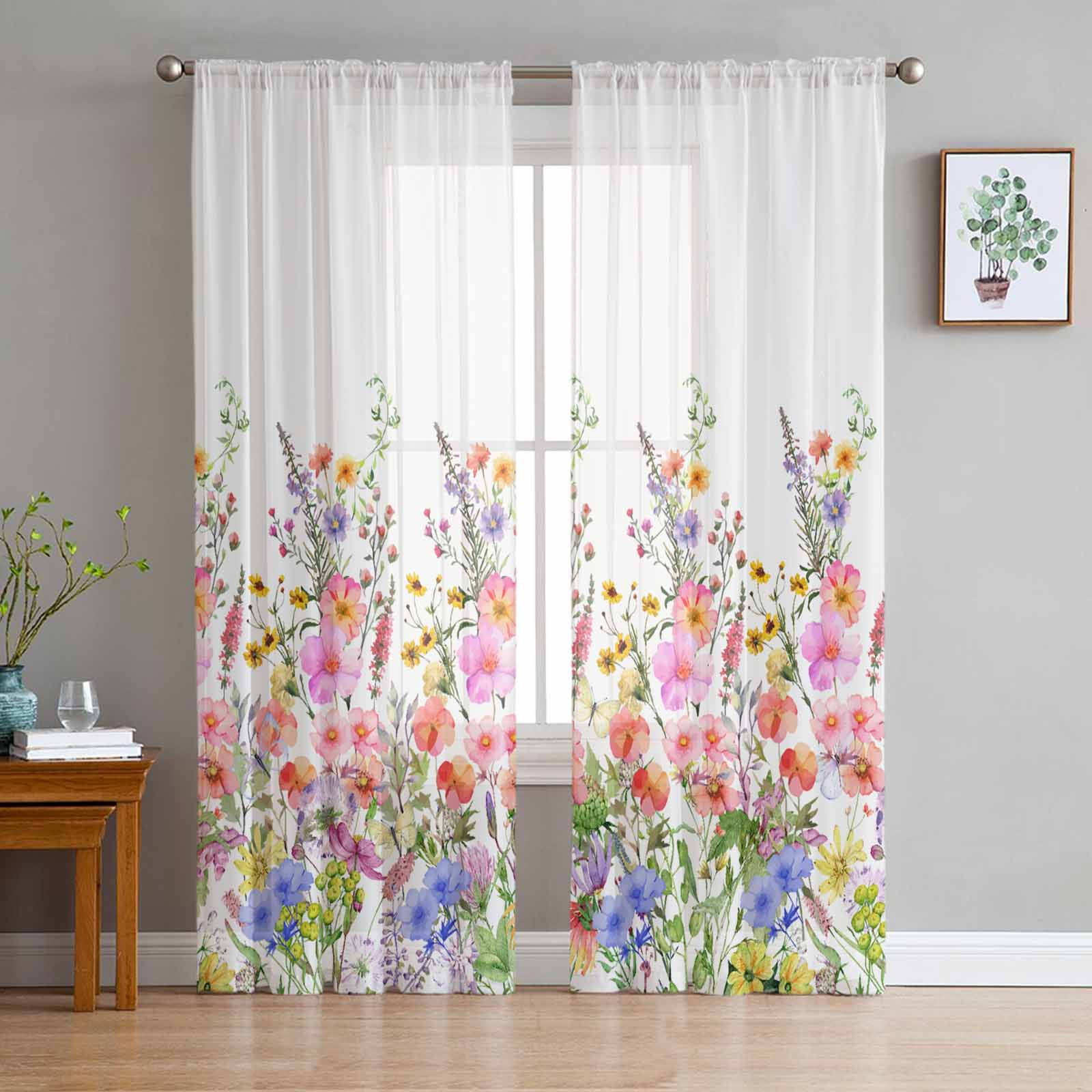 Flower Watercolor Hand-Painted Sheer Curtains for Kids Bedroom Living ...