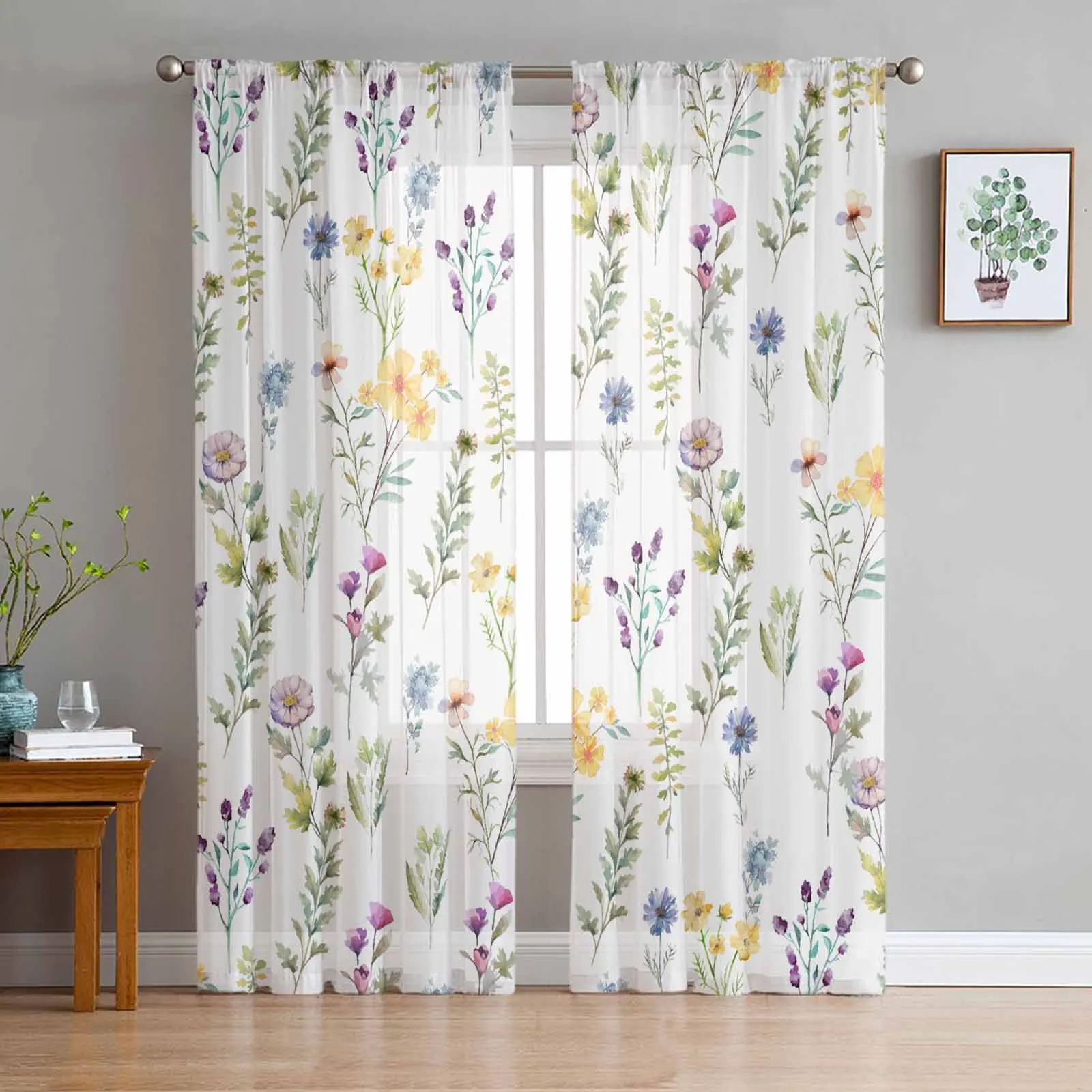 Flower Watercolor Hand Painted Sheer Curtains for Living Room Kitchen ...